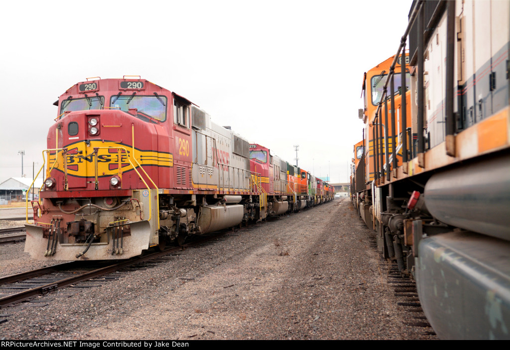 BNSF 290 BNSF 279 in front of a long line of stored power.